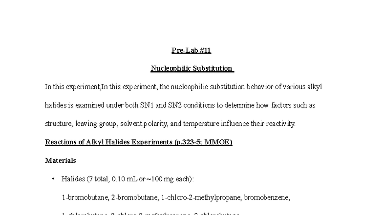 Orgo Pre-Lab 11: Nucleophilic Substitution SN1 & SN2 Experiments - Studocu