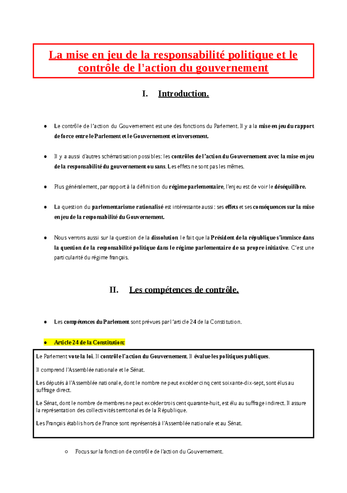 Responsabilité politique - I. Introduction. Le contrôle de l’action du ...