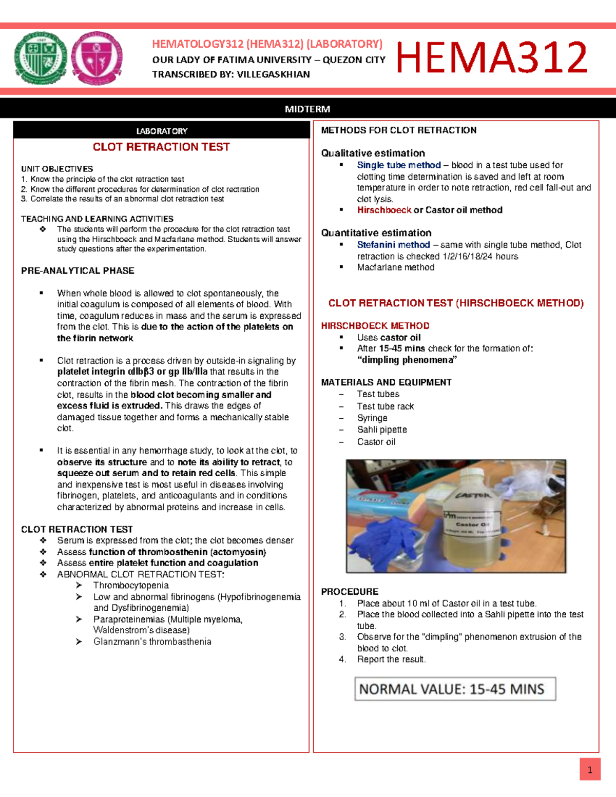 HEMA312 MIDTERM LAB: Clot Retraction Test Procedures and Methods - Studocu