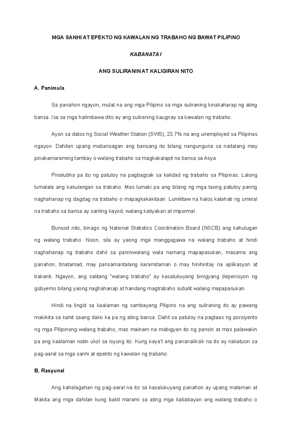 MGA Sanhi AT Epekto NG Kawalan NG Trabaho NG Bawat Pilipino - MGA SANHI AT EPEKTO NG KAWALAN NG ...