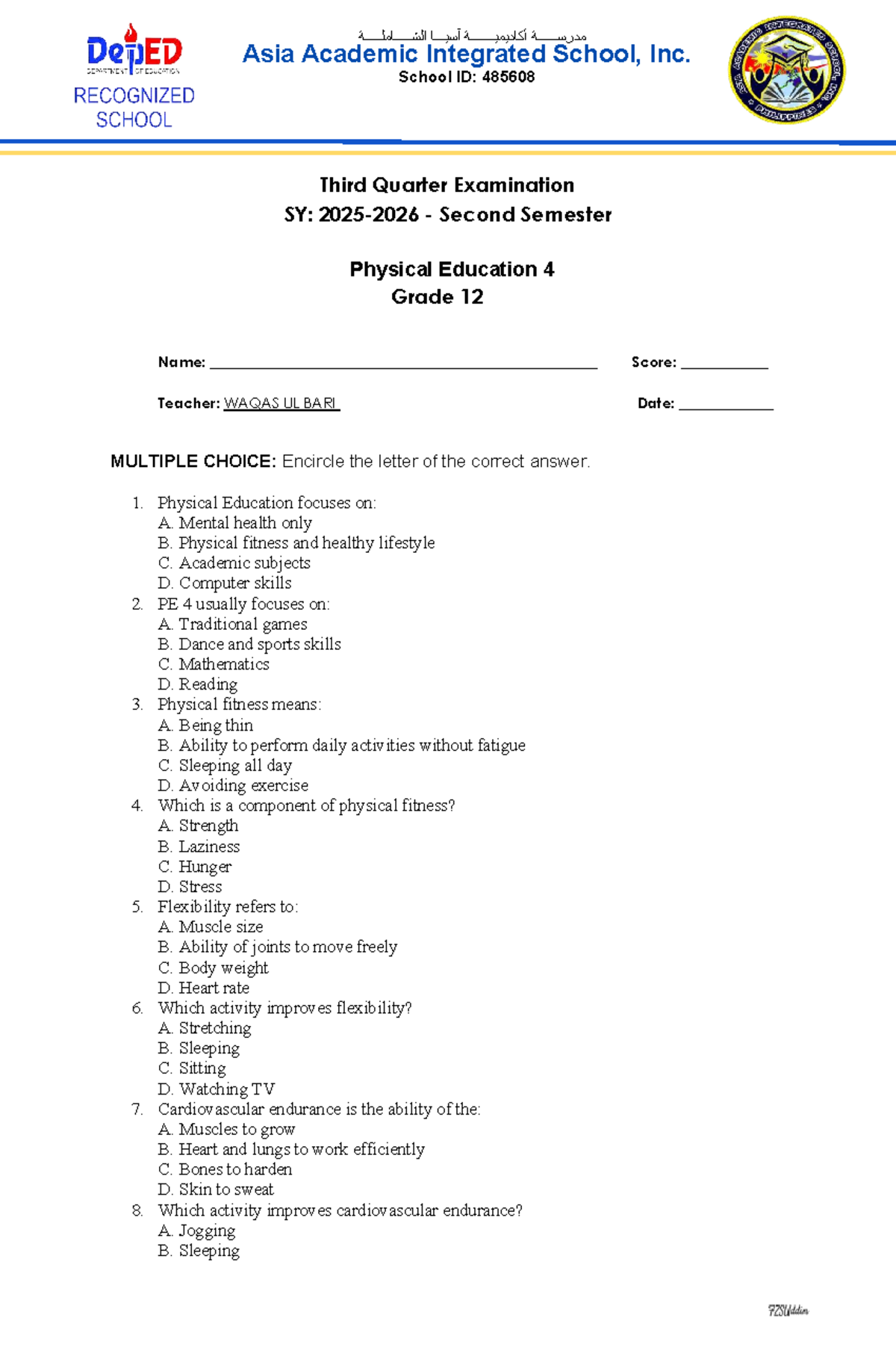 26-Waqas-Midterm-TD-Physical Education 4-Grade 12 Exam Questions - Studocu