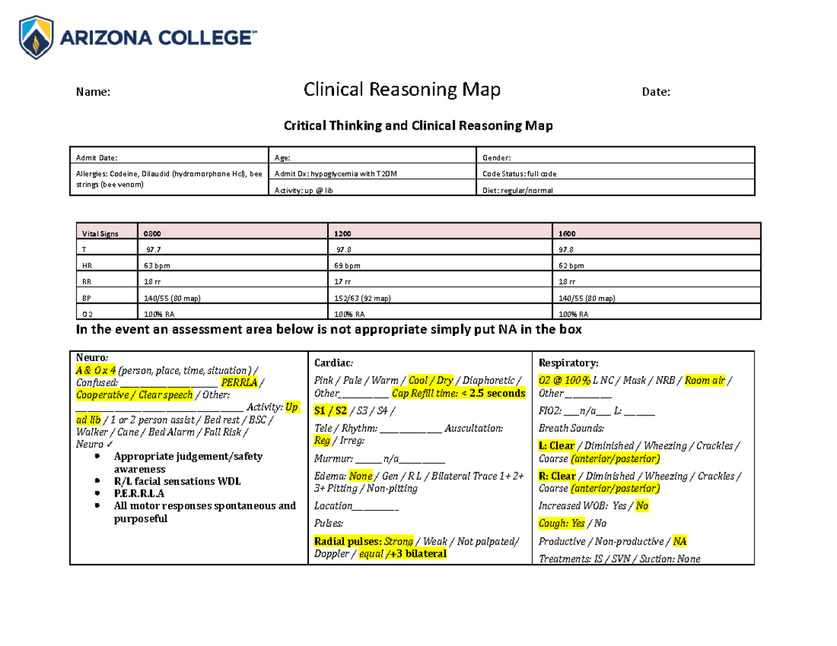 Critical Thinking Map Example for NURS 301: Hypoglycemia Case Study ...