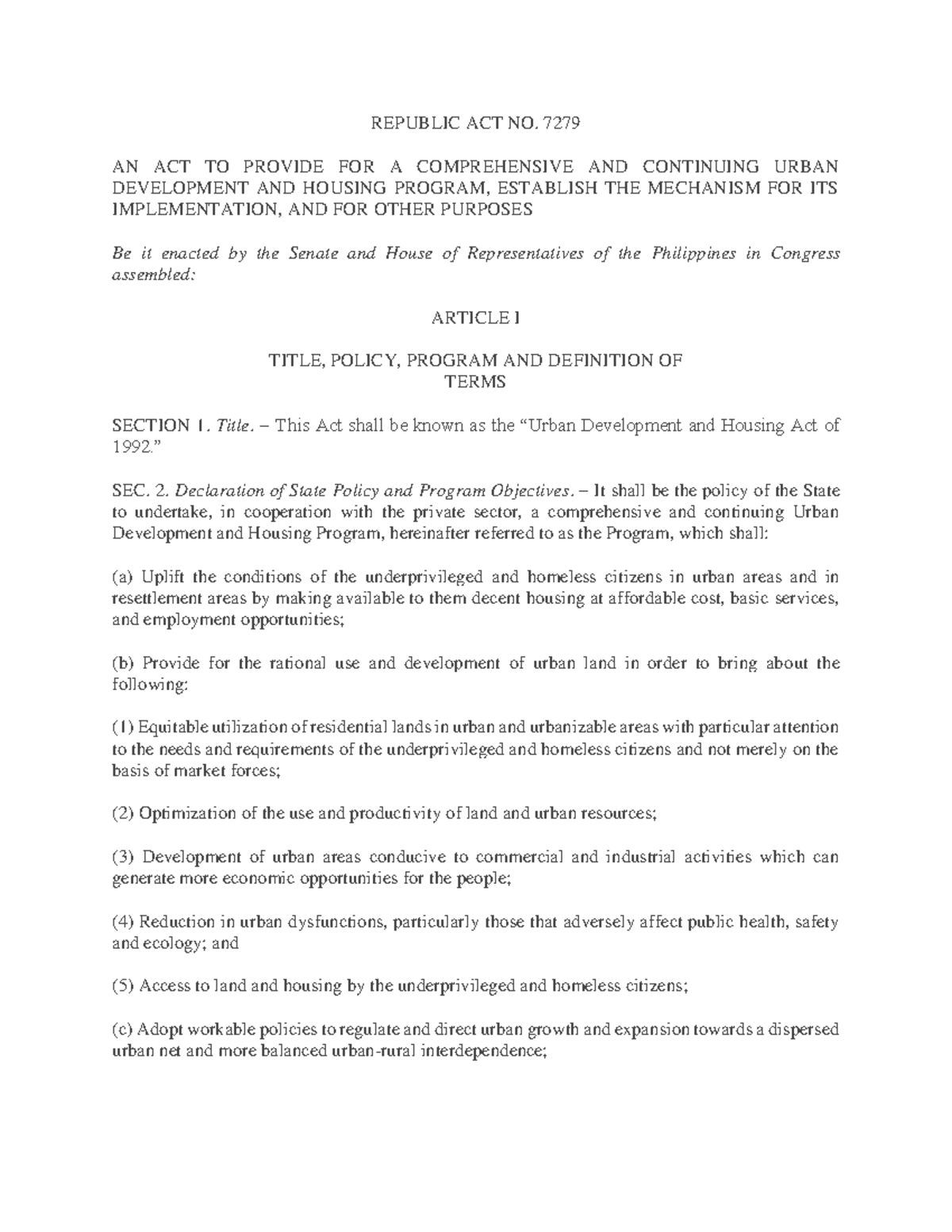 Republic Act No. 7279: Comprehensive Urban Development & Housing Notes ...