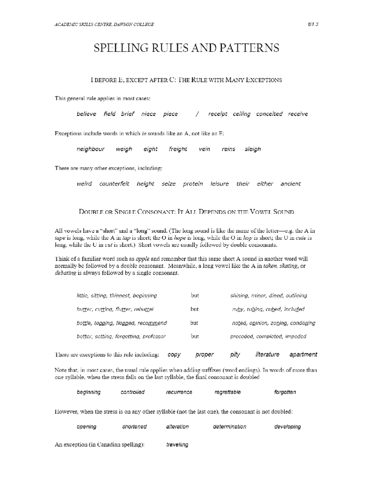 B1.3 Spelling Rules and Patterns - ACADEMIC SKILLS CENTRE, DAWSON ...