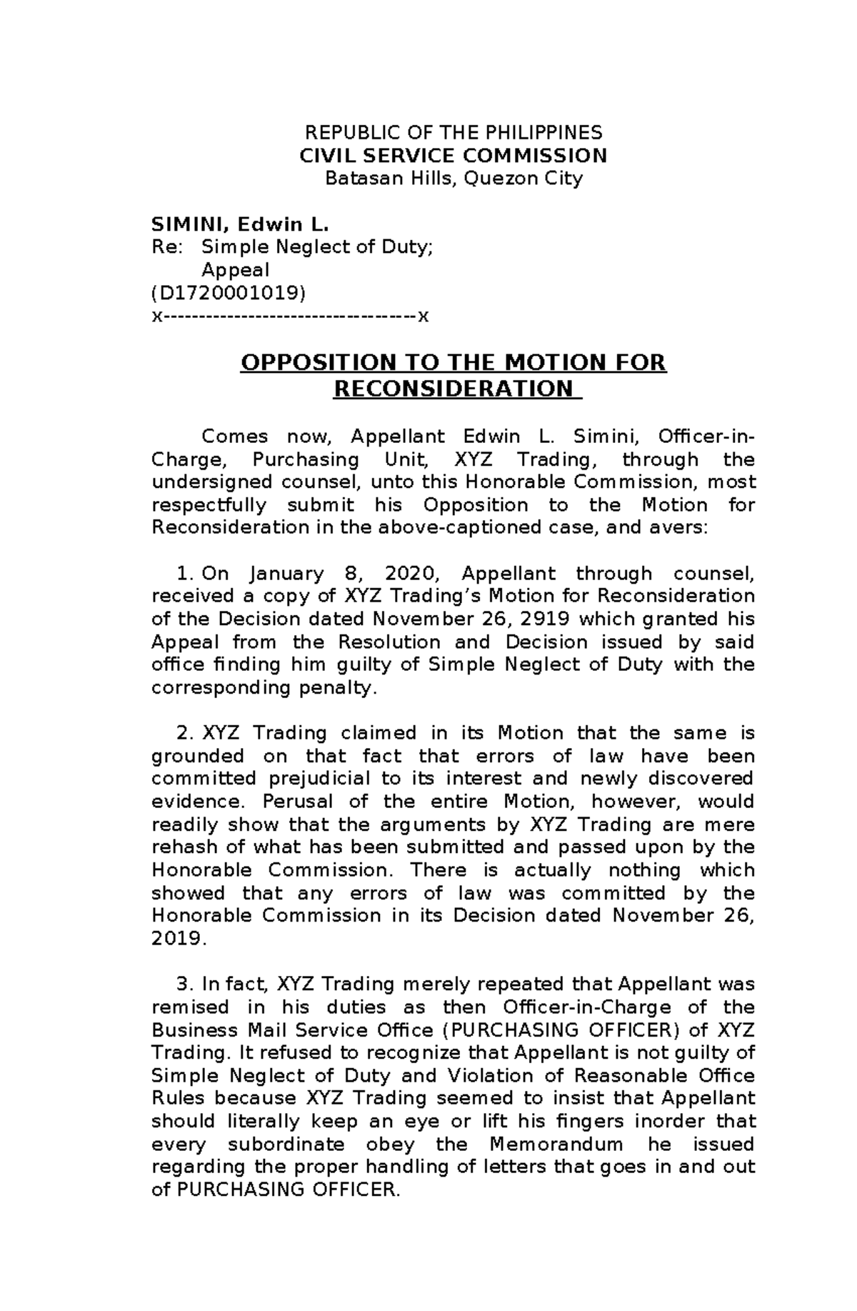 Opposition to Motion for Reconsideration (D1720001019) by Edwin L ...