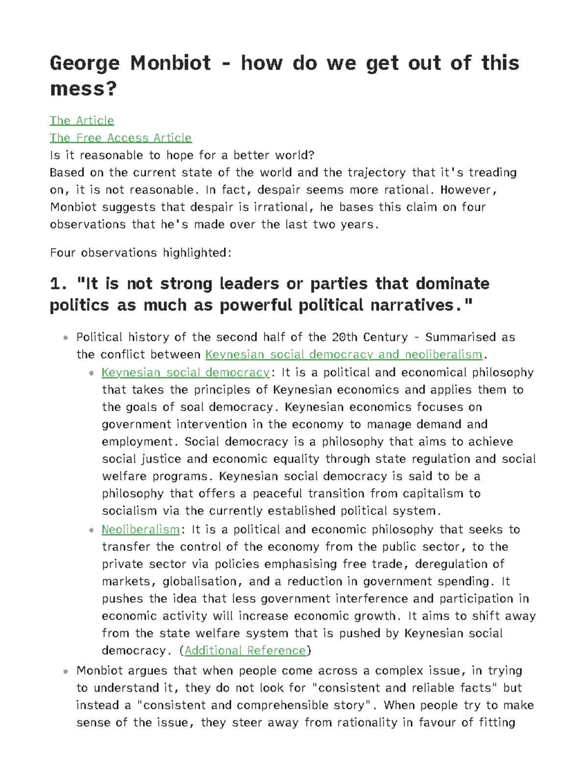 Monbiot - How to Overcome Today's Political Narrative Challenges - Studocu