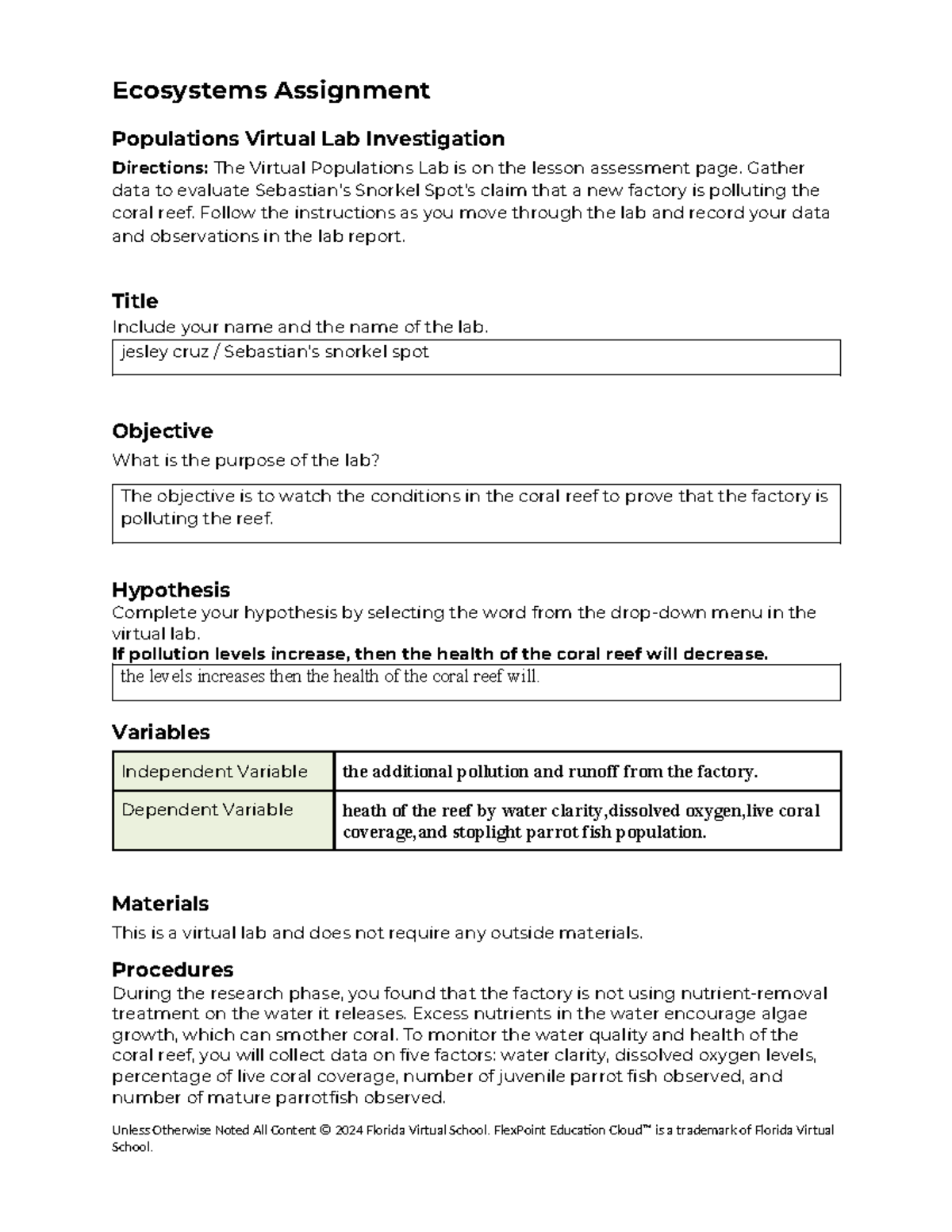 Ecosystems Assignment: Virtual Lab on Coral Reef Pollution (04 03 ...