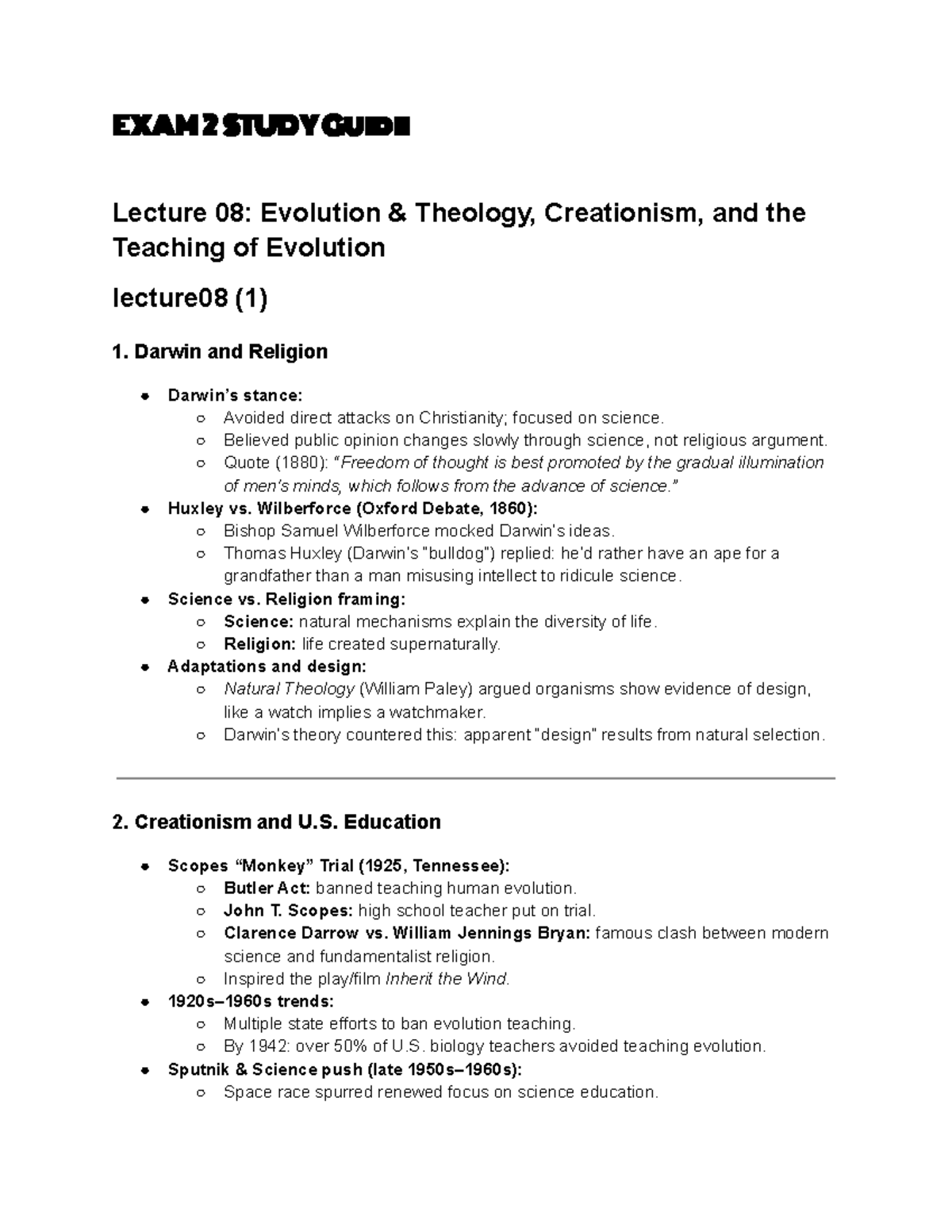 Darwin's Theory of Evolution: Exam 2 Study Guide (Lecture 08) - Studocu