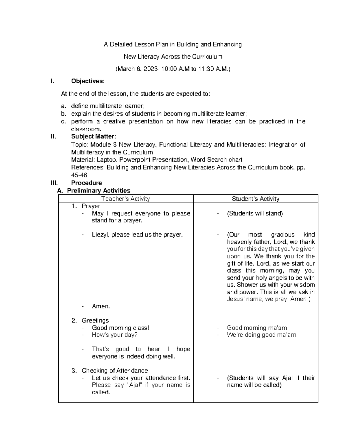 A Detailed Lesson Plan on New Literacy Integration (BENLAC) - Studocu