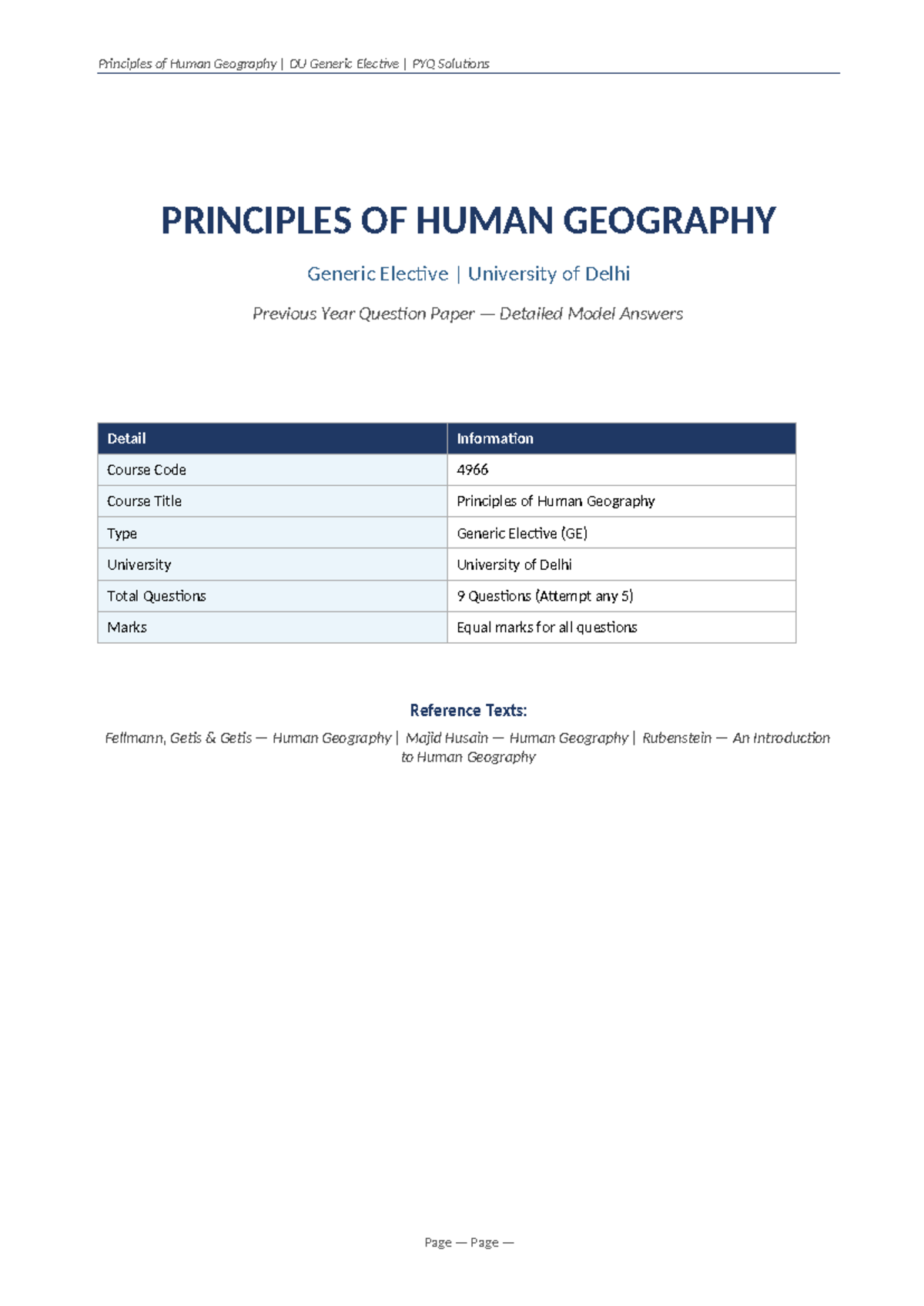 GE 4966 Principles of Human Geography PYQ Solutions and Model Answers ...
