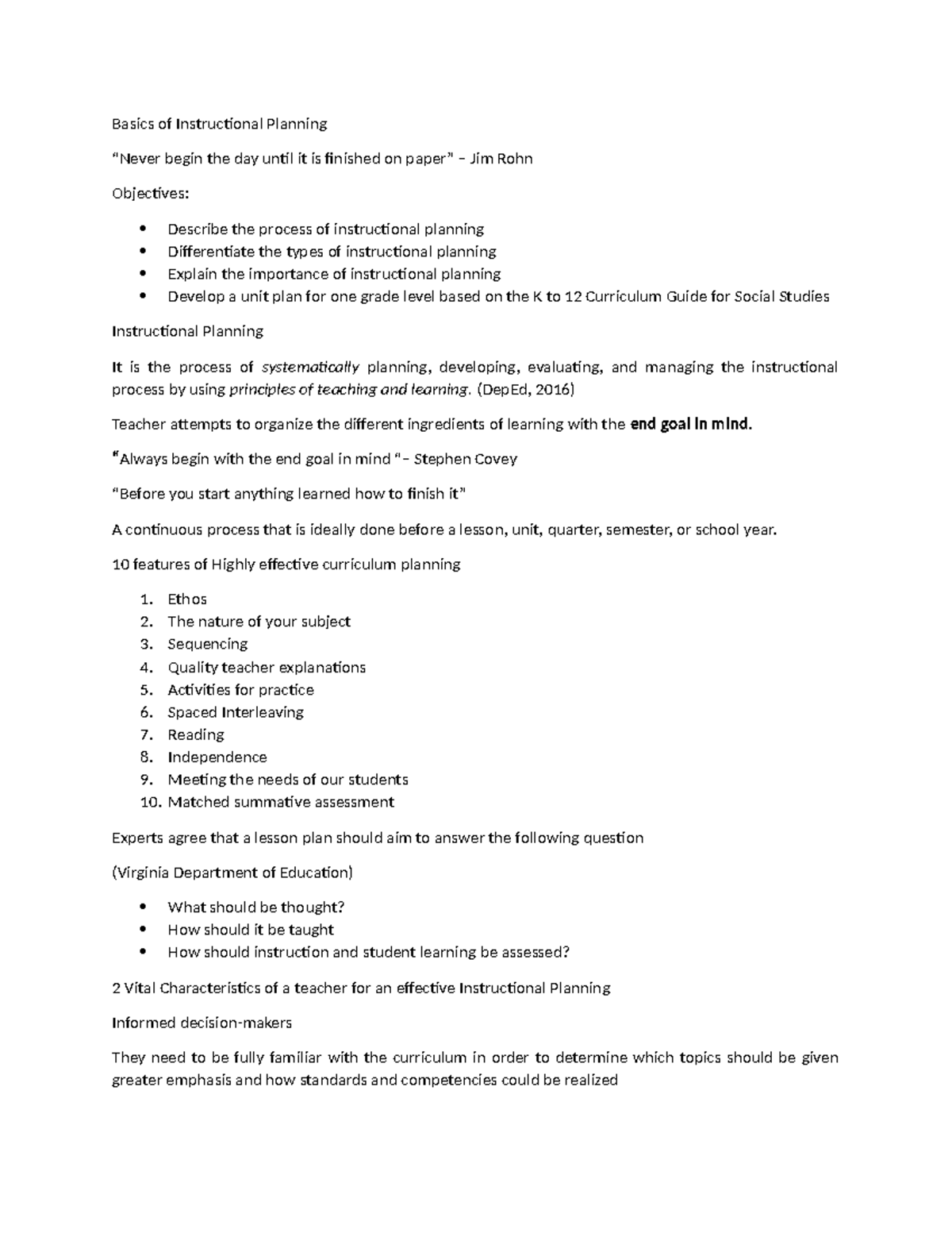 Basics of Instructional Planning: Key Concepts and Processes - Studocu