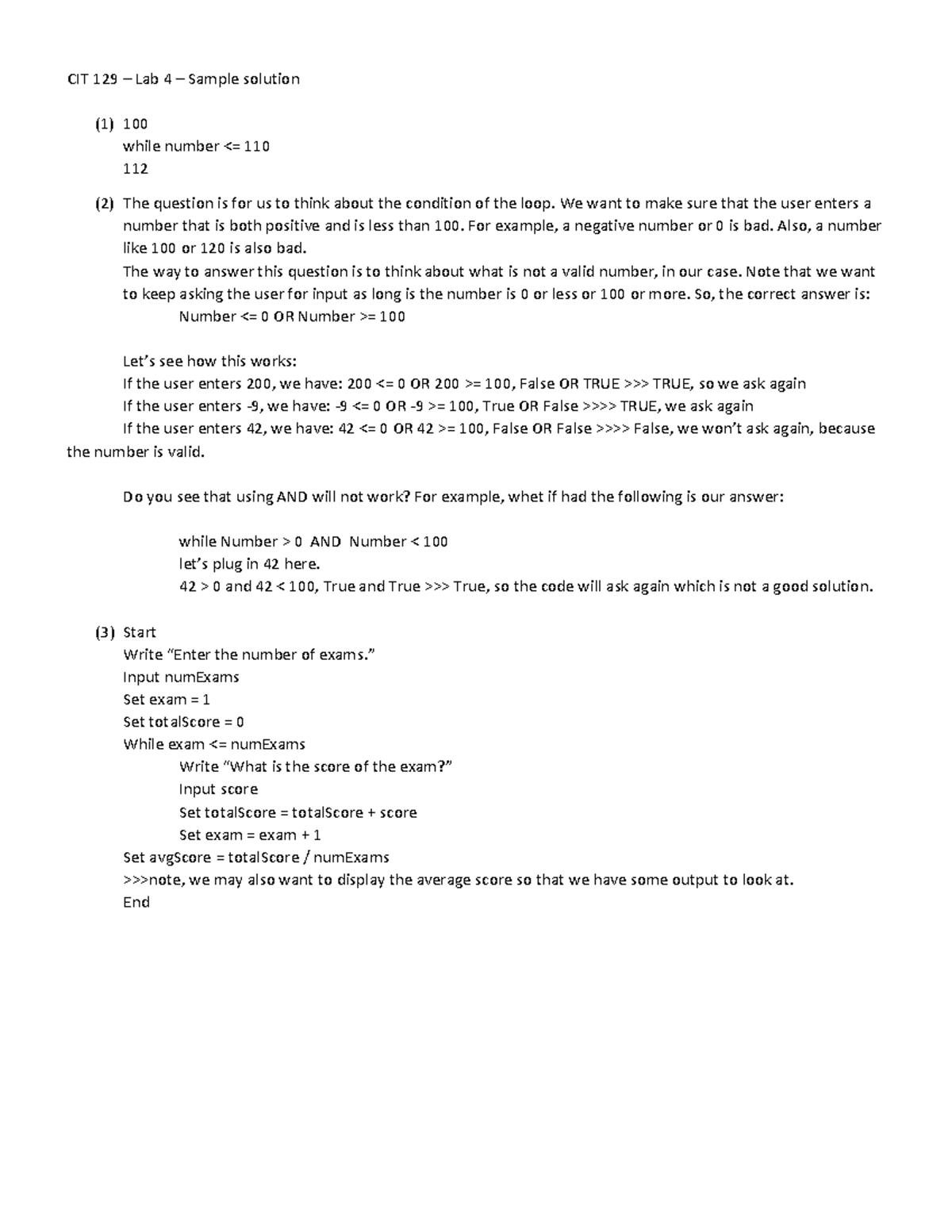 Cit129 lab4 sample Solution - CIT 129 – Lab 4 – Sample solution (1) 100 while number