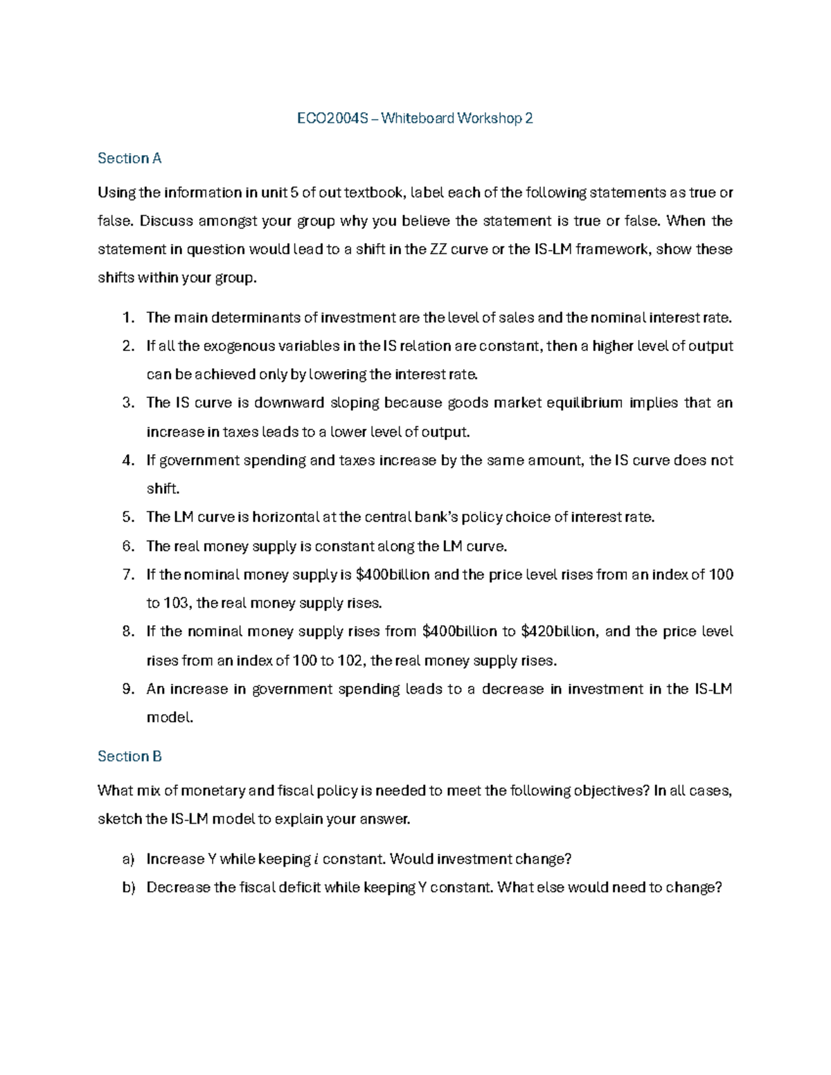 ECO2004S Whiteboard Workshop 2: True/False Statements & Policy Mix ...