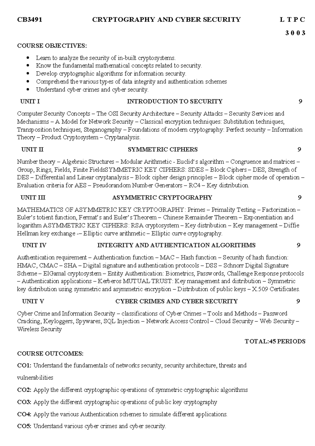 CB3491 Cryptography and Cyber Security Syllabus Overview - Studocu