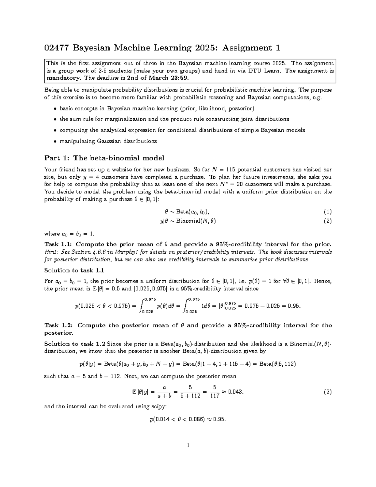 Bayesian Machine Learning 02477: Assignment 1 Solutions (2025) - Studocu