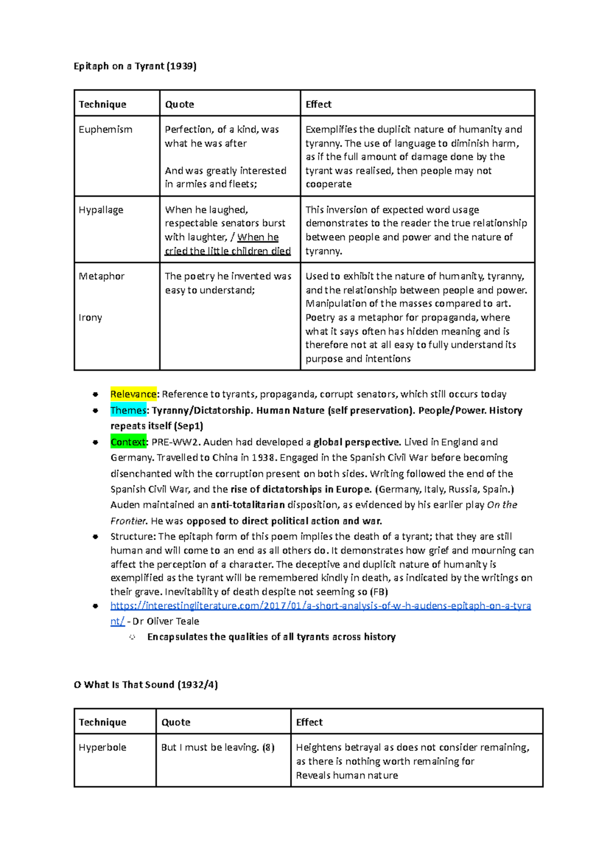 Auden poems analysis table quotes techniques - Epitaph on a Tyrant ...