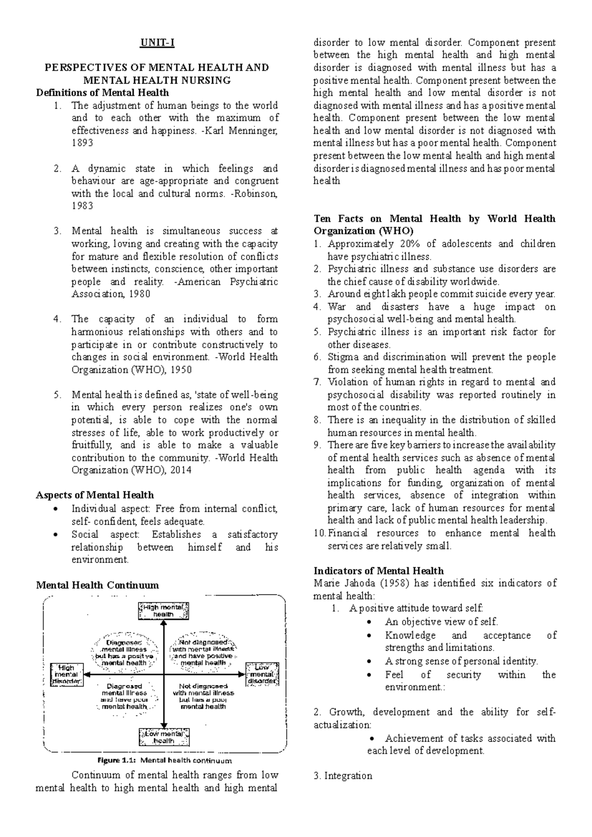 MHN- Unit-1 - Overview of Mental Health Perspectives and Nursing ...