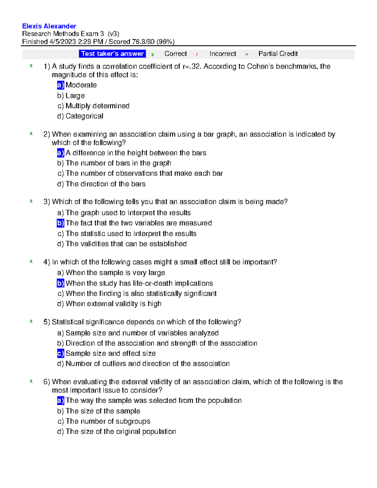 Exam 3 Test Score - Test answers for Tireny Cratic Quiz 3 - Research ...