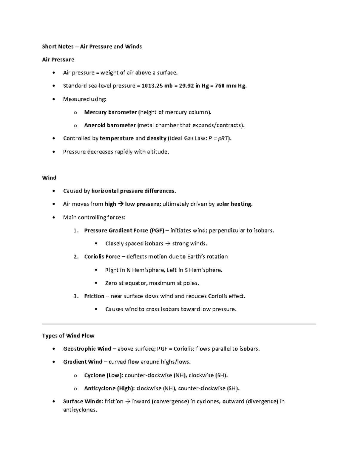 Short Notes - Atmospheric Science: Air Pressure & Winds - Studocu
