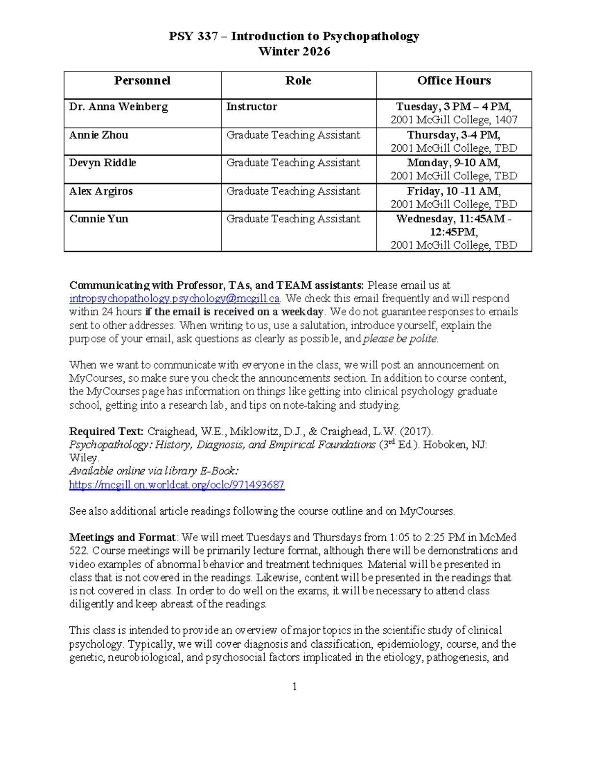 PSY 337 Intro to Psychopathology Winter 2026 Course Syllabus - Studocu
