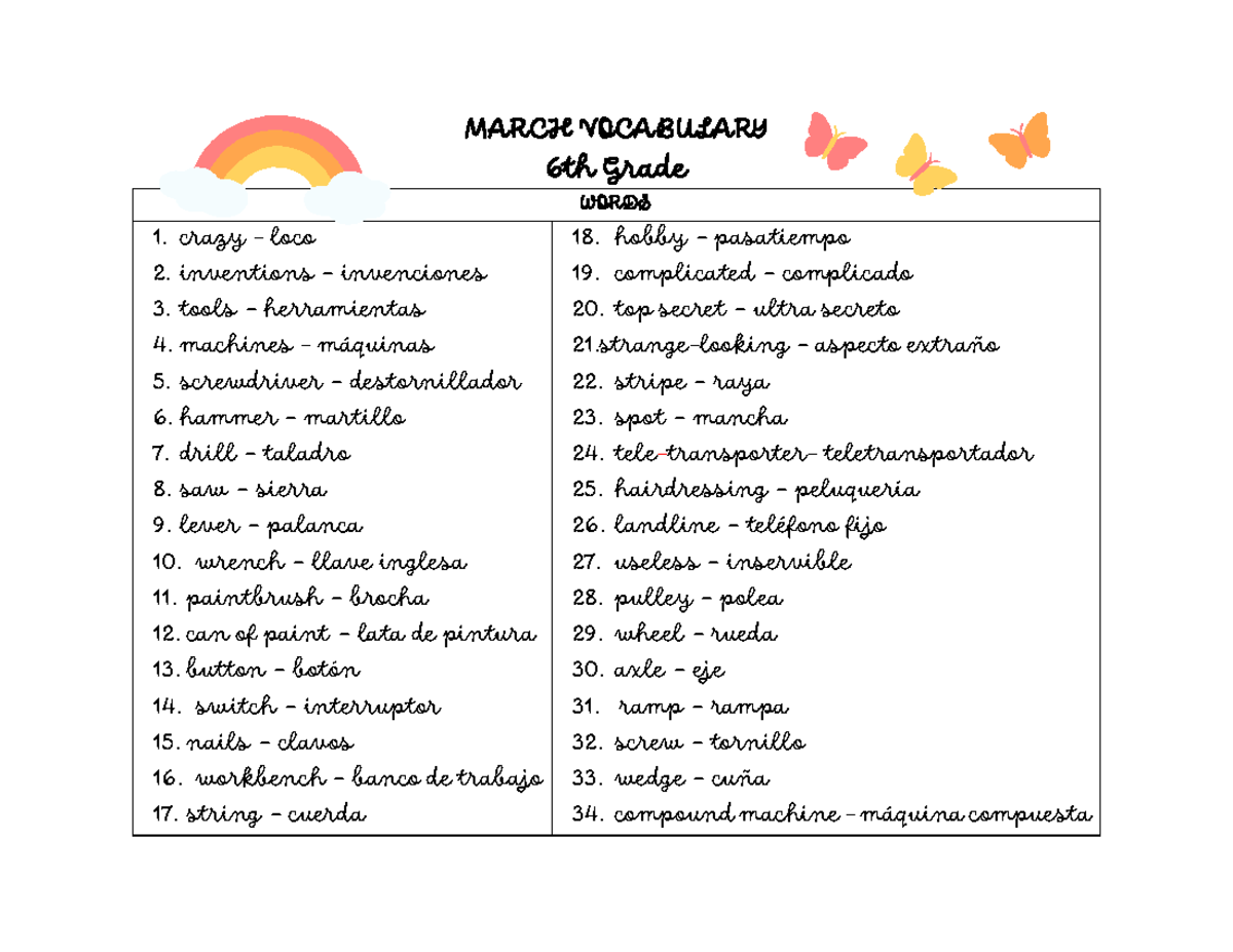 March Vocabulary 6TH - vocabulario de estudio - MARCH VOCABULARY 6 th ...