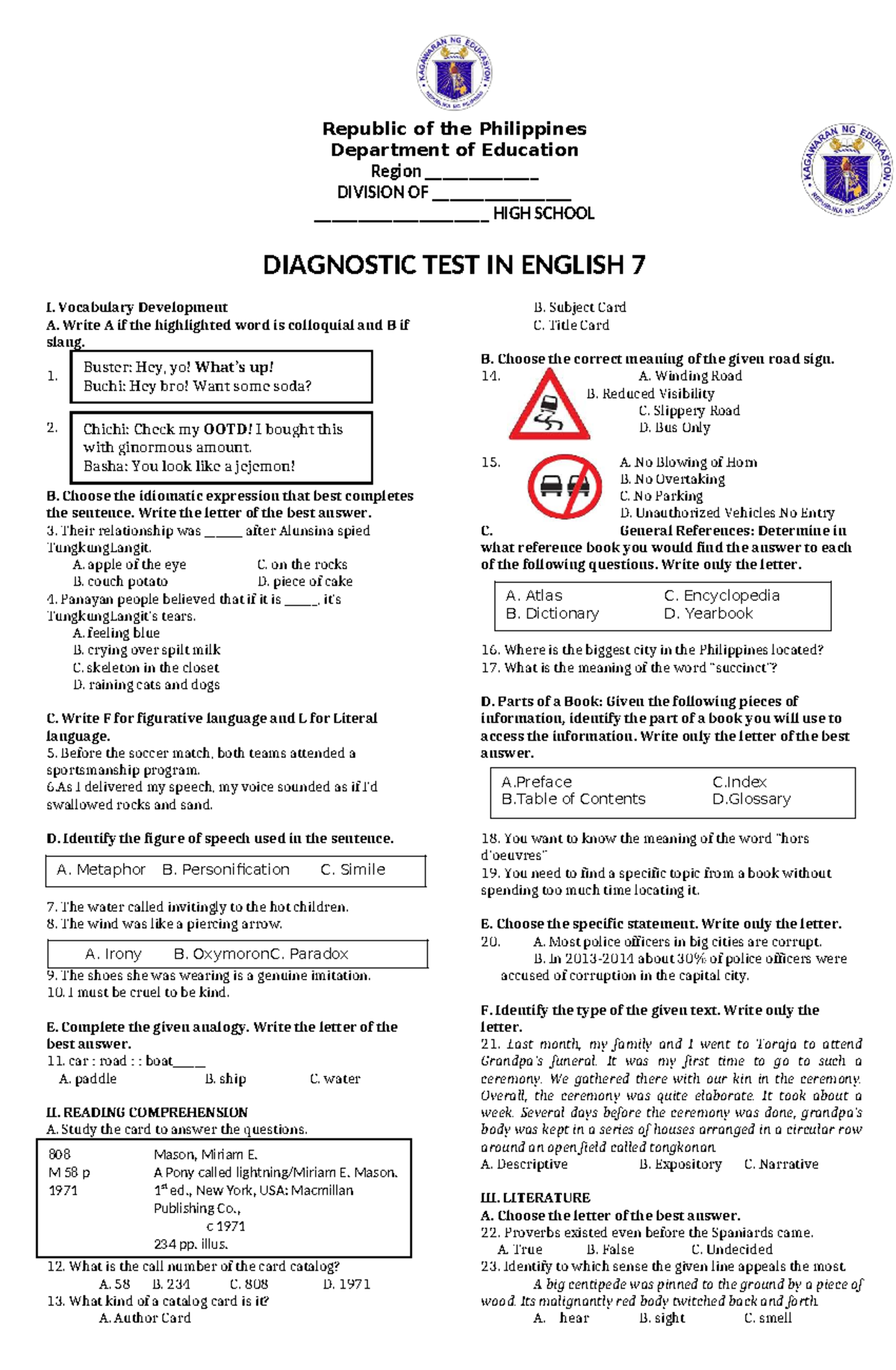 Diagnostic Test in English 7: Vocabulary, Reading, and Grammar Skills ...