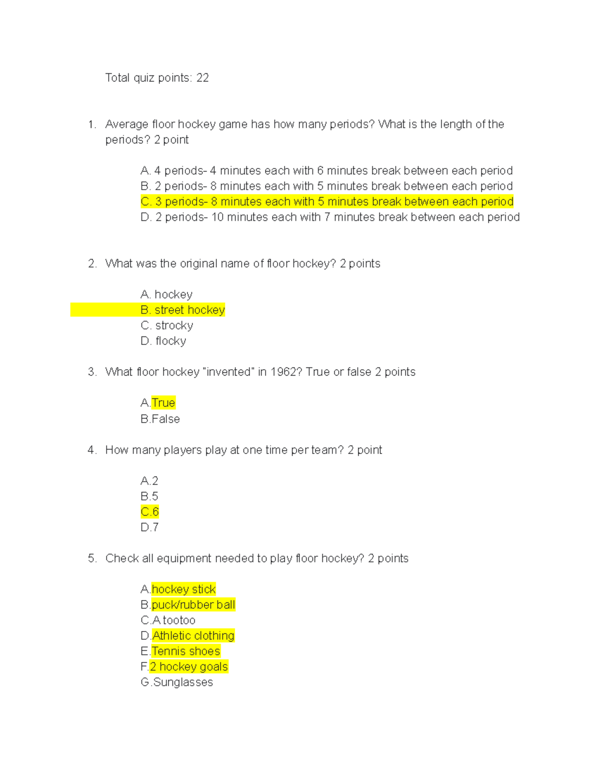 True Floor Hockey Quiz - Study Guide & Notes - Studocu