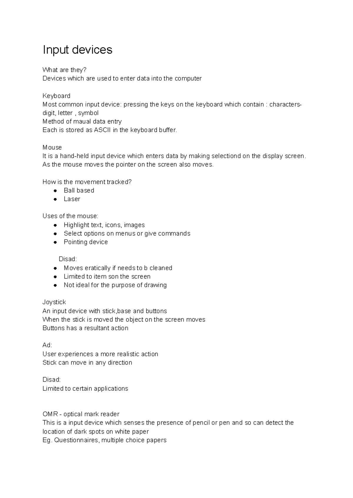 CSEC IT Notes: Input Devices Overview and Functionality - Studocu