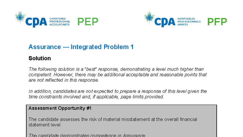 IP01 - CPA Assurance Integrated Problem 1 Solution Analysis - Studocu