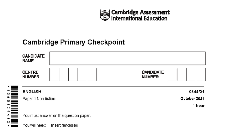 Cambridge Primary Checkpoint ENGLISH Paper 1 - Oct 2021 Exam Guide ...