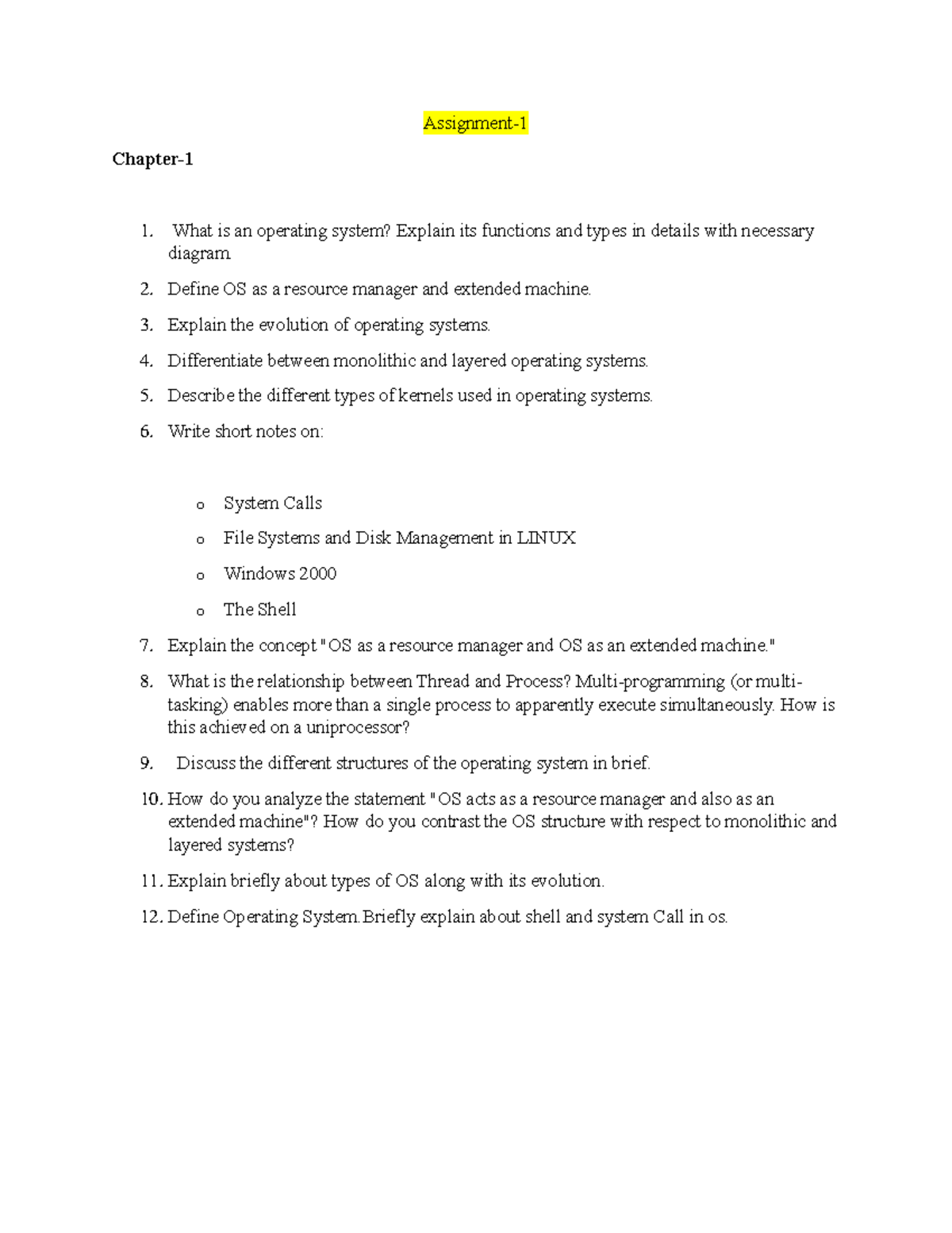 OS Assignment Questions: Functions, Types, and Concepts Explained - Studocu