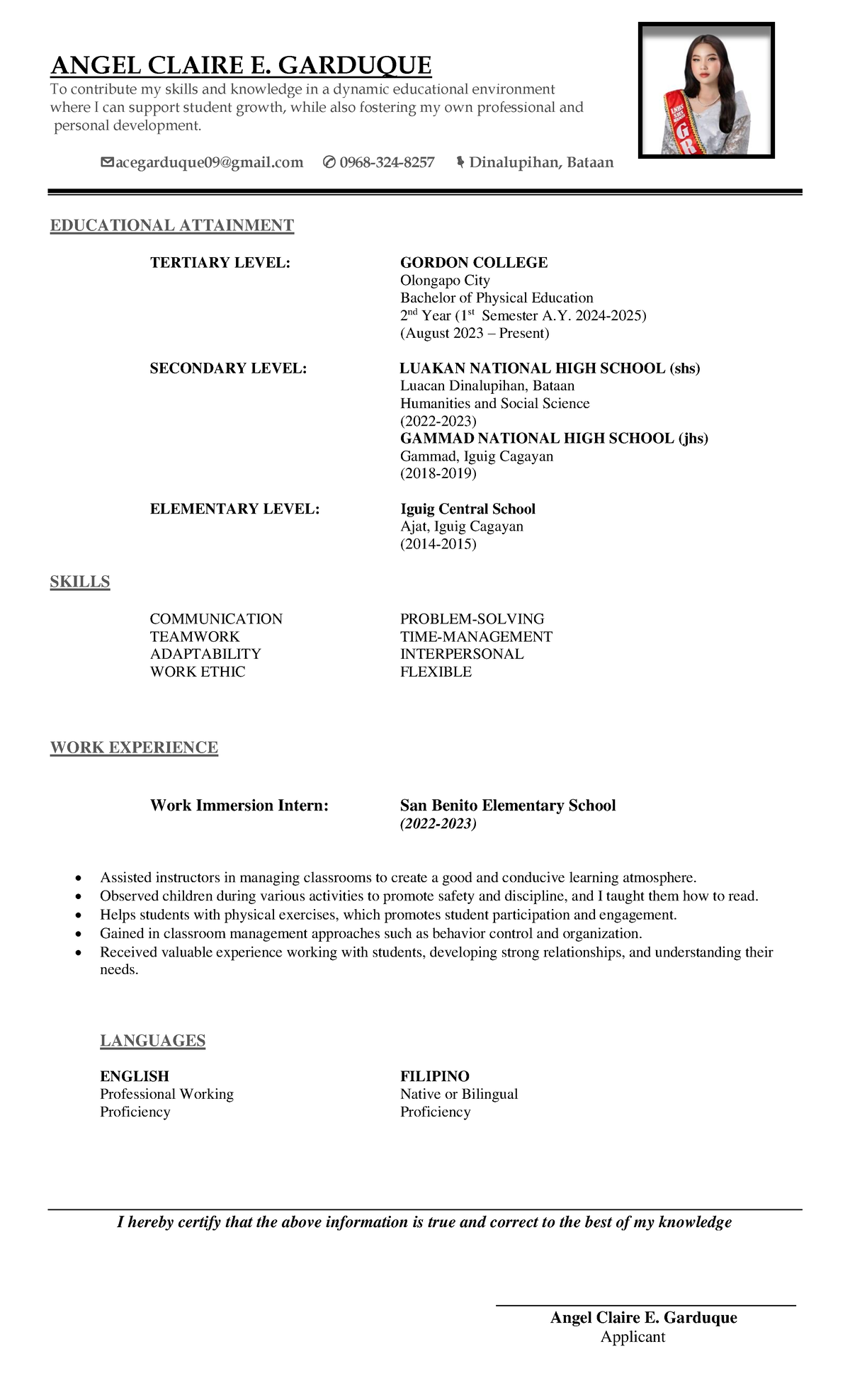 Educational Resume of Angel Claire E. Garduque for PE Program - Studocu