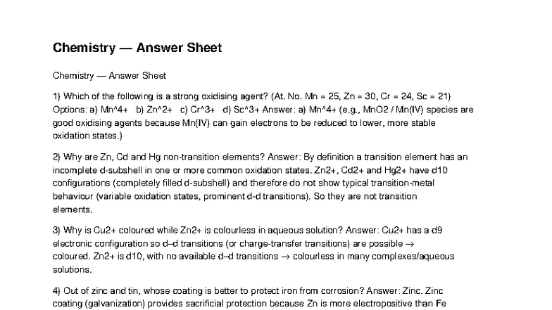 Chemistry Answer Sheet: Transition Elements & Oxidation States - Studocu