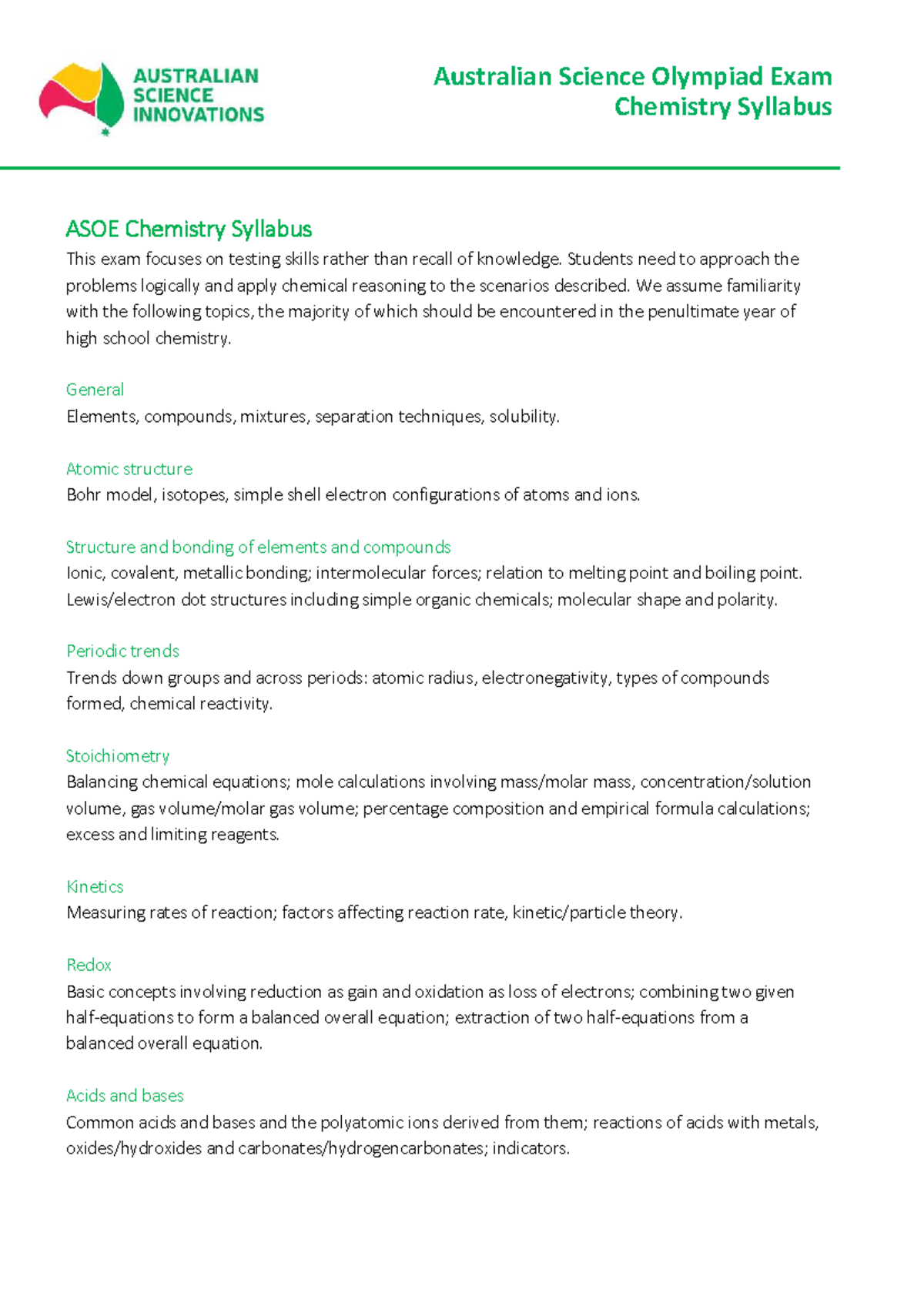 Chemistry ASOE Syllabus 2023: Skills & Concepts Overview - Studocu