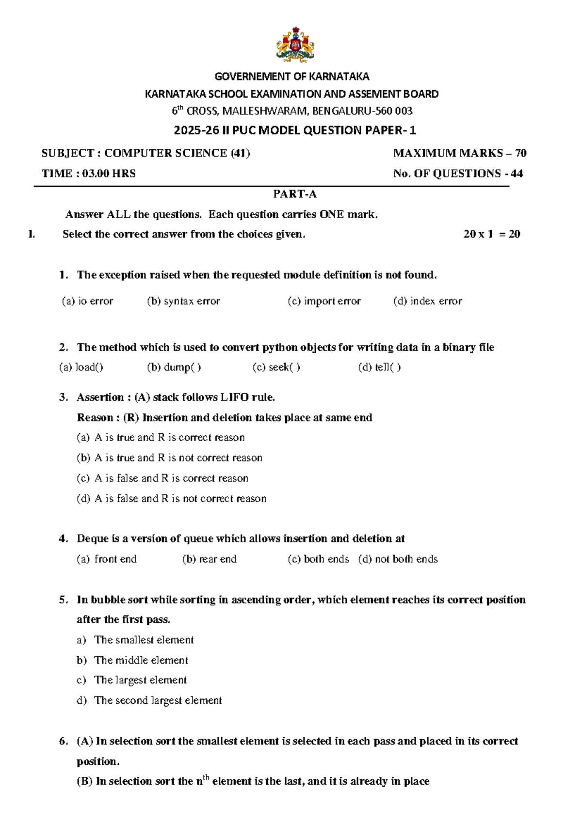 II PUC Computer Science Model Question Paper 1 (41) 2025-26 - Studocu