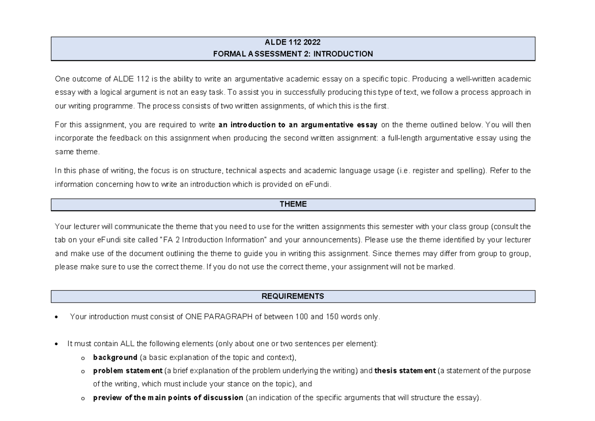 ALDE 112: Formal Assessment 2 - Essay Introduction Guidelines - Studocu