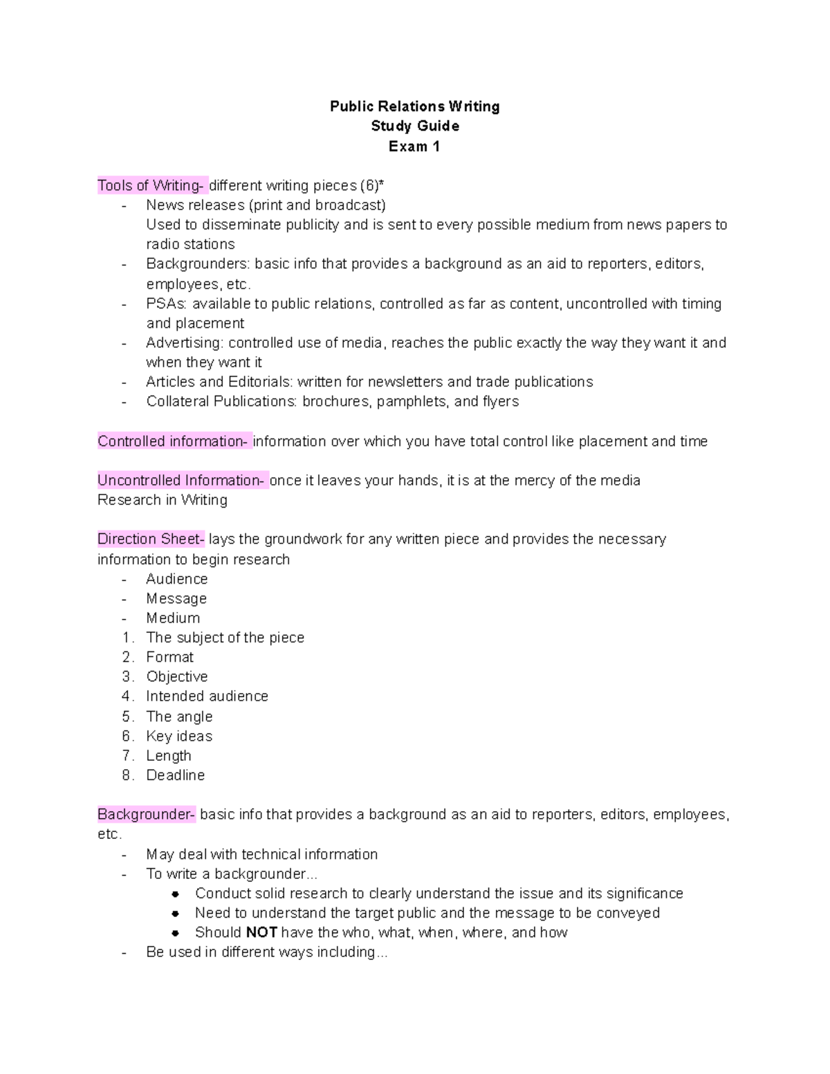 Public Relations Writing - Study Guide for Exam 1 Insights - Studocu