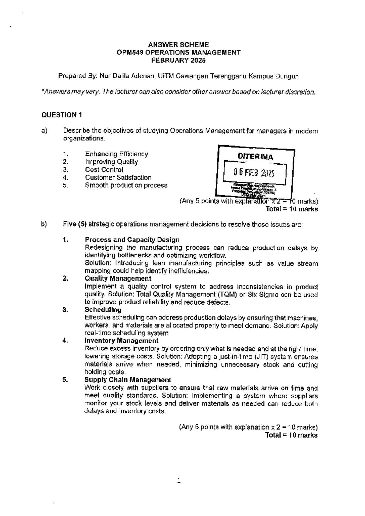 ANSWER SCHEME OPM549 OPERATIONS MANAGEMENT FEBRUARY 2025 - Studocu