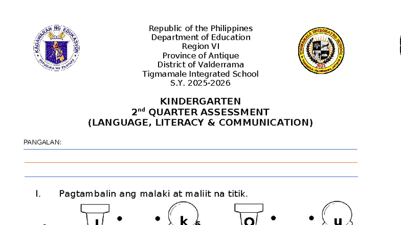 KINDERGARTEN Q2 ASSESSMENT: LANGUAGE, LITERACY & COMMUNICATION - Studocu