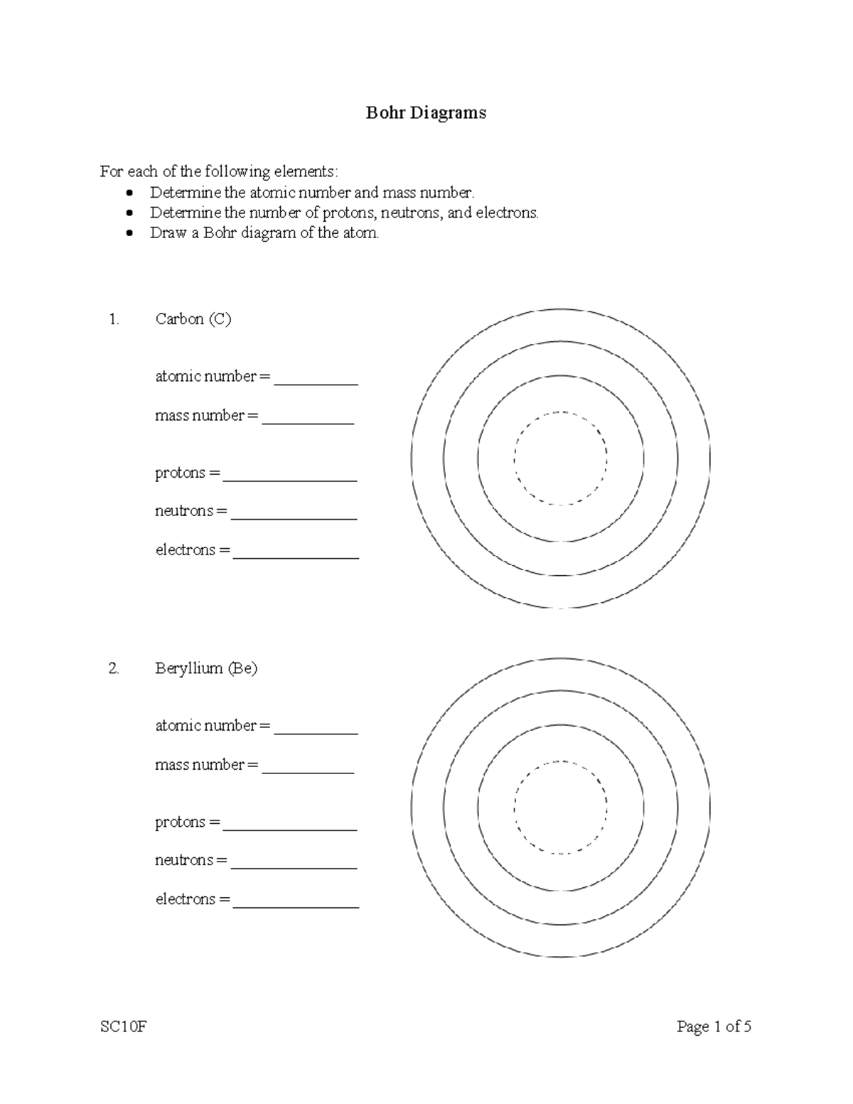 Bohr Model Worksheet - Bohr Diagrams For each of the following elements ...