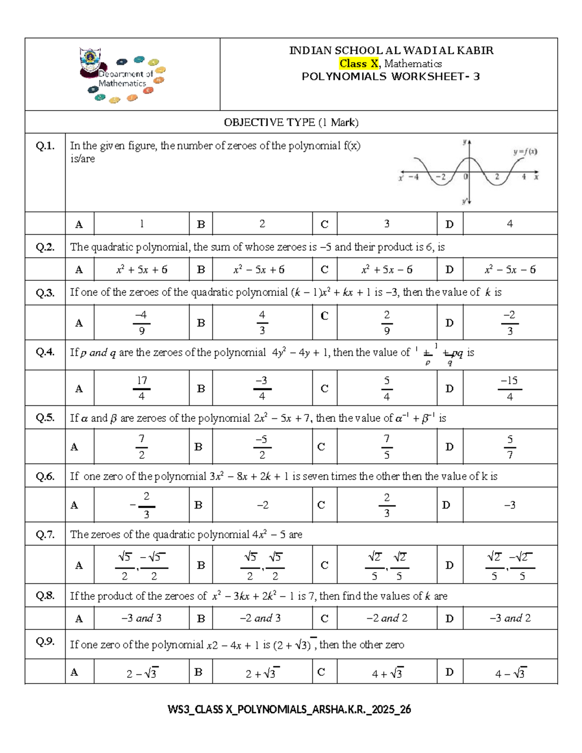 Class X Mathematics: Polynomials Objective Type Questions (WS3) - Studocu