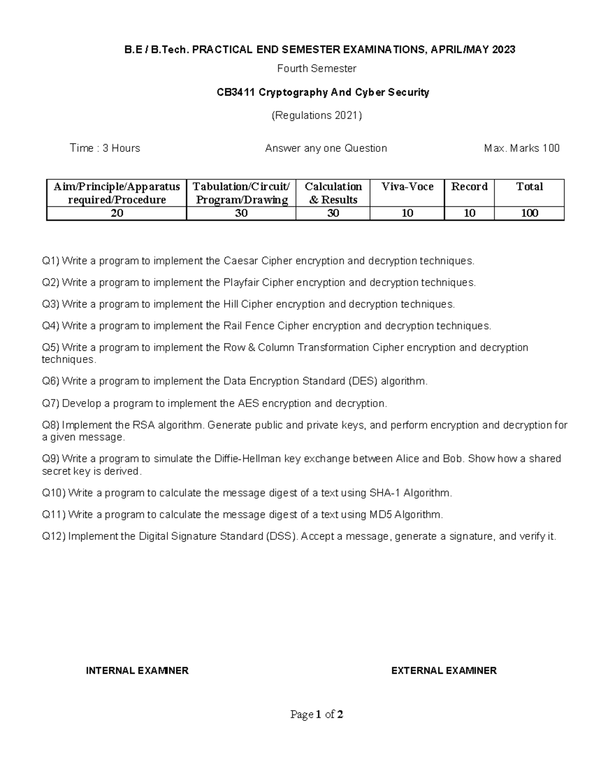 B.E B.Tech. CB3411 Cryptography & Cyber Security Lab Questions - Studocu