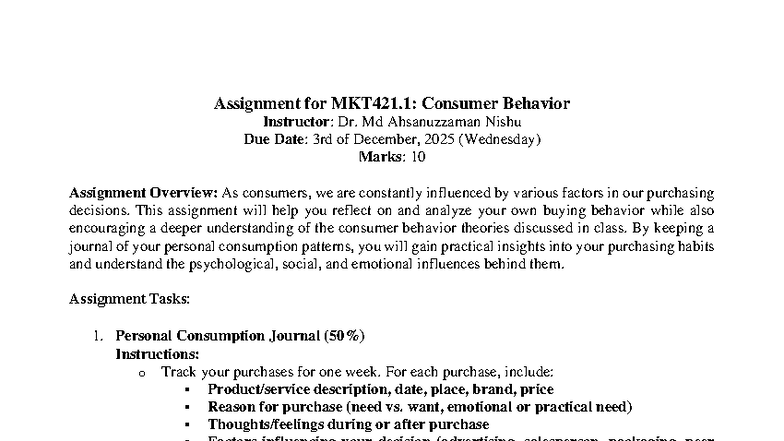 MKT421.1: Consumer Behavior Personal Consumption Journal Assignment - Studocu