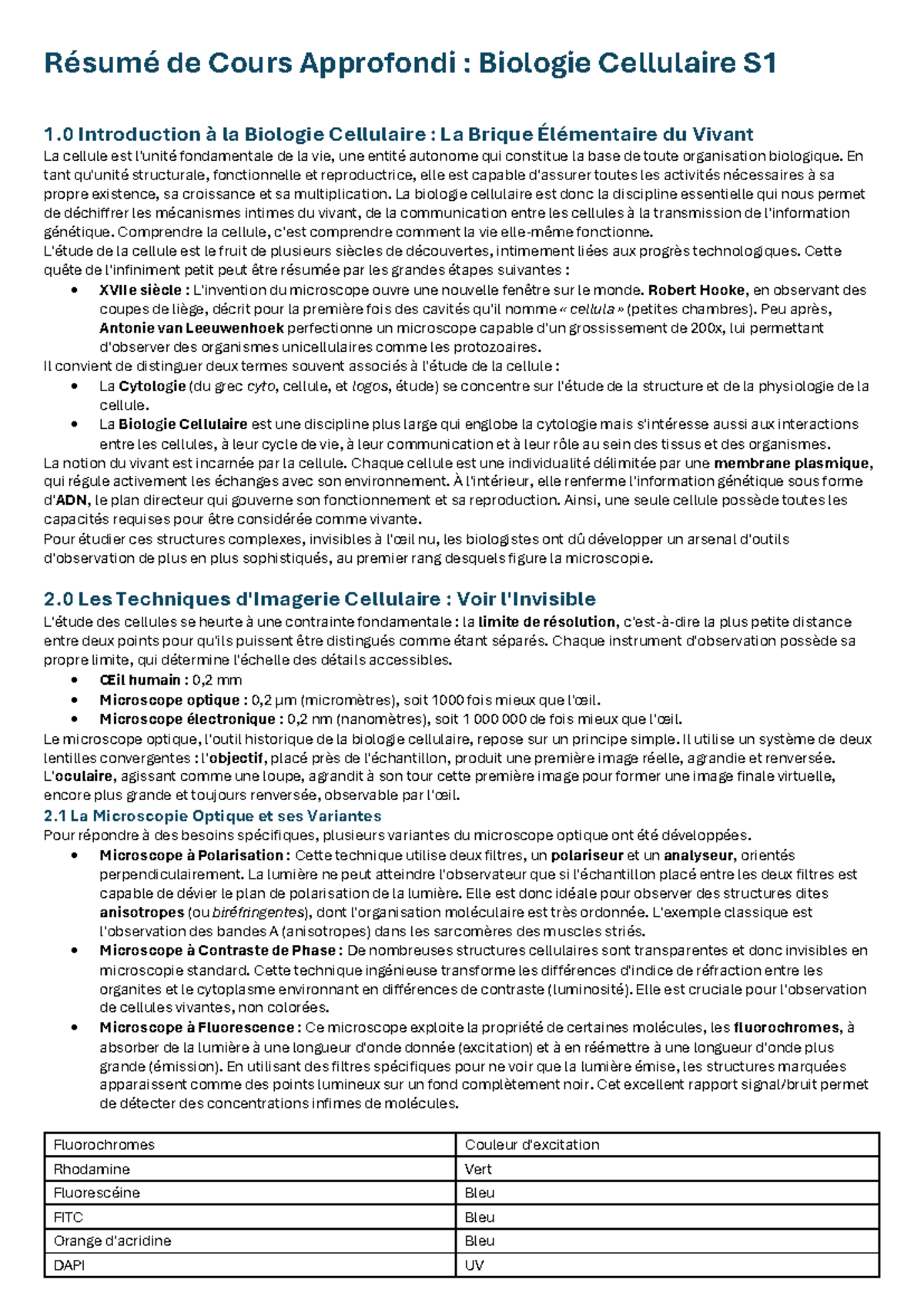 Résumé de Cours : Biologie Cellulaire S1 - Introduction et Techniques ...