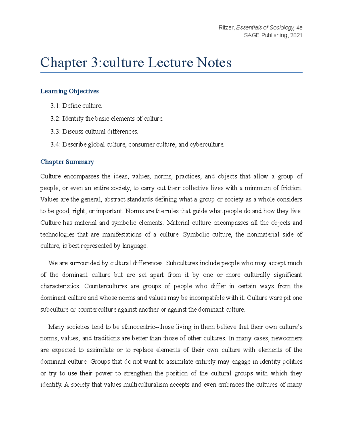 Chapter 3 culture - notes - SAGE Publishing, 2021 Chapter 3:culture ...