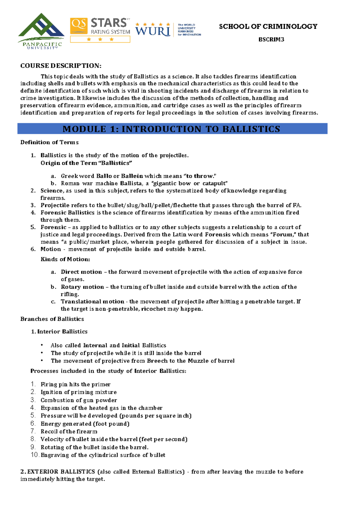 Forensic Ballistics Study for BSCRIM Module 6: Comprehensive Overview - Studocu