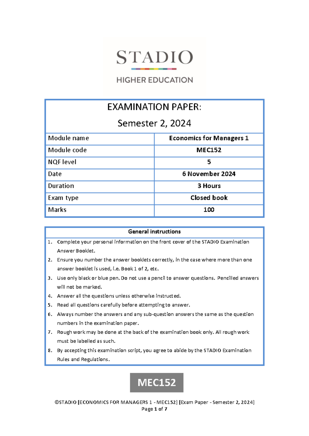 MEC152 Final Exam Paper - Economics for Managers 1 - Studocu
