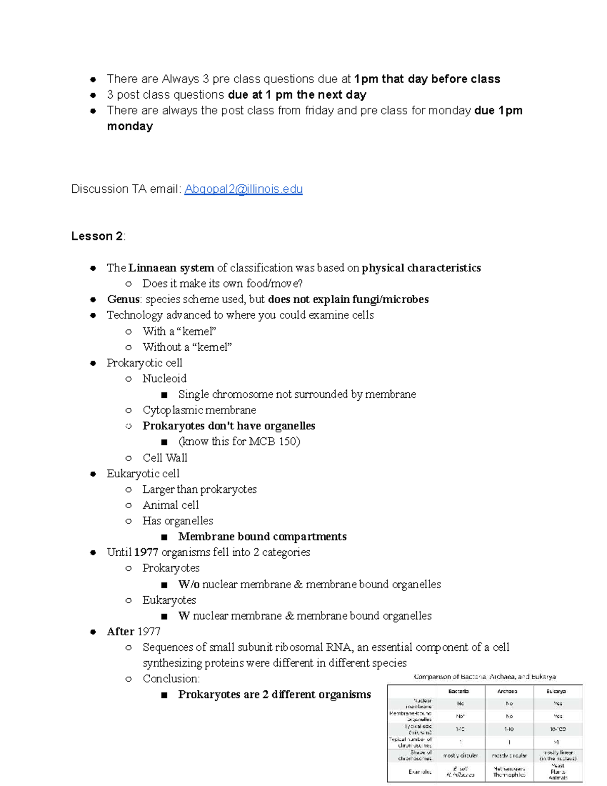 MCB 150 Unit 1: Lecture Notes on Cell Biology and Classification - Studocu
