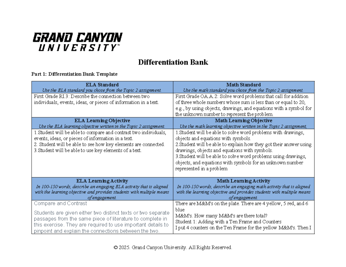 ELM 211 Differentiation Bank: ELA & Math Learning Strategies - Studocu
