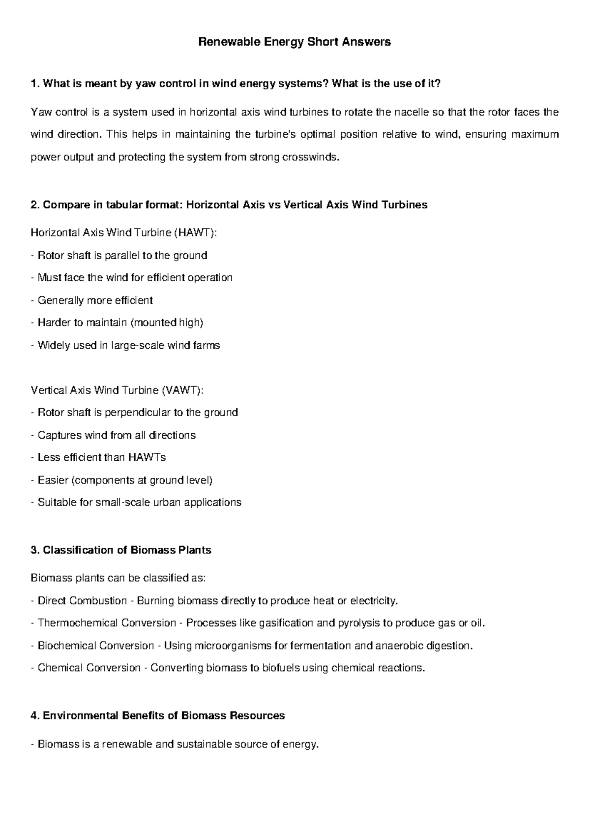 Renewable Energy Short Answers: Key Concepts & Comparisons - Studocu